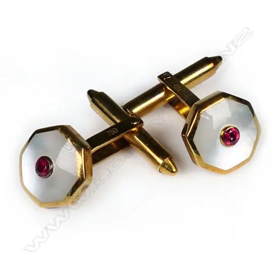 18ct Gold Ruby and Mother of Pearl Cuff Links - Cufflinks & Studs ...