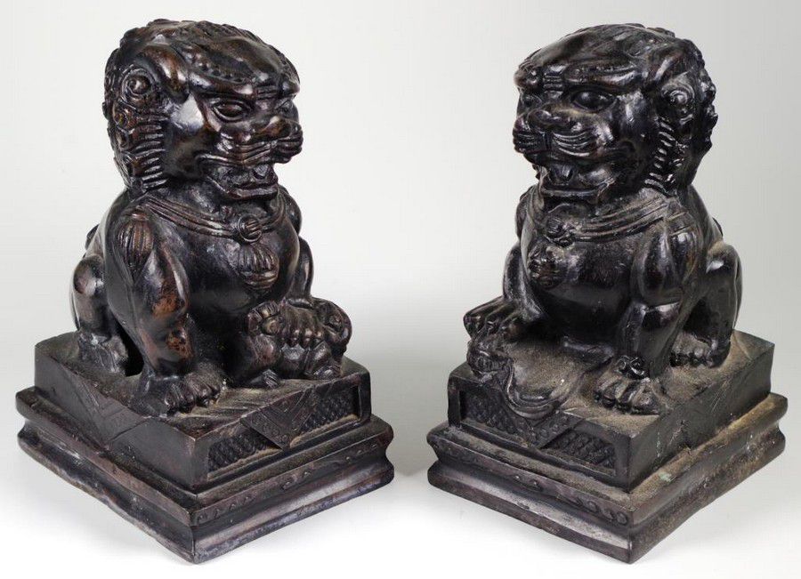 Chinese Cast Iron Temple Lions on Bases (Pair) - Cast Iron - Metalware