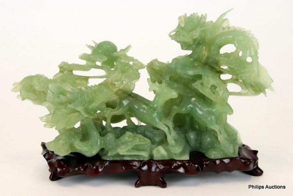 Chinese Green Jade Two Dragons Group on Carved Stand - Jade - Oriental