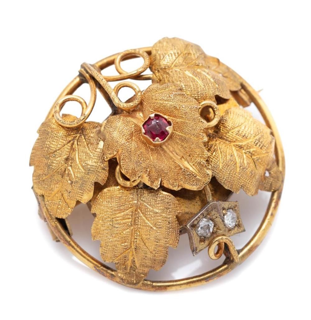 Australian 18ct Gold Vine Leaf Locket Brooch with Diamonds - Brooches ...