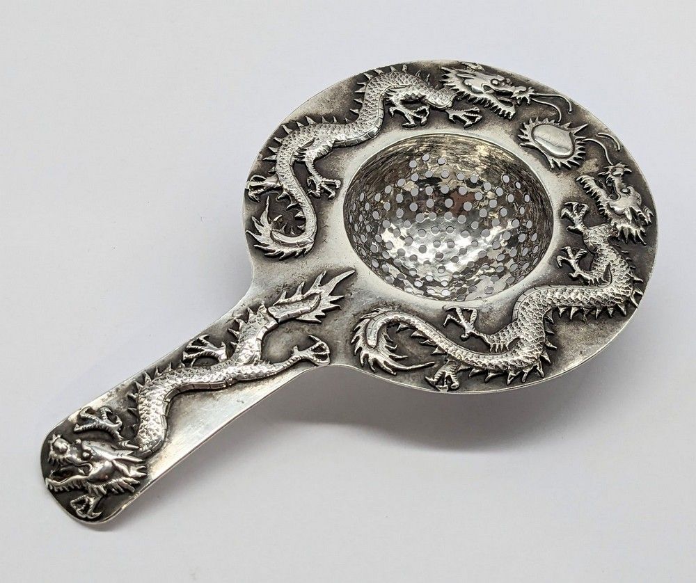Dragon Decorated Chinese Silver Tea Strainer with Character Marks ...