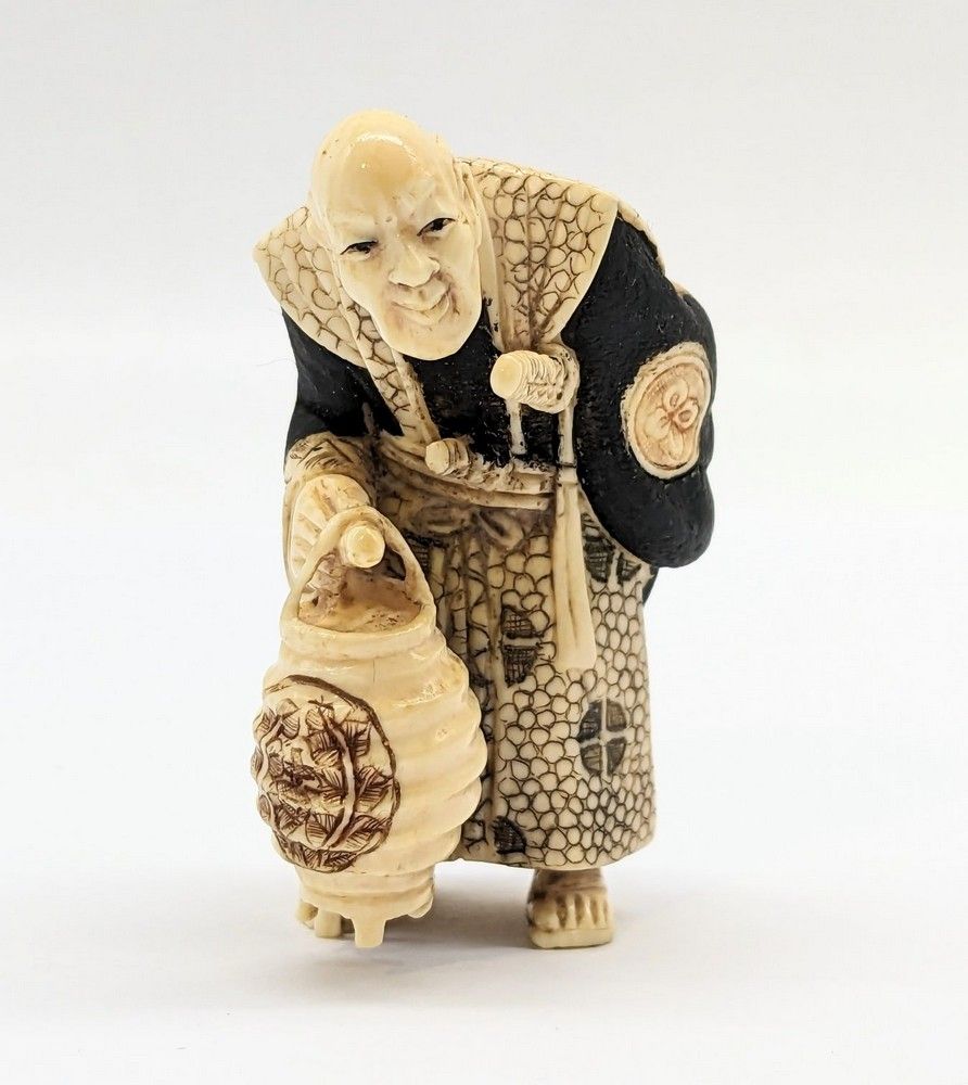 19th Century Japanese Ivory Netsuke: Old Warrior with Lantern - Netsuke ...