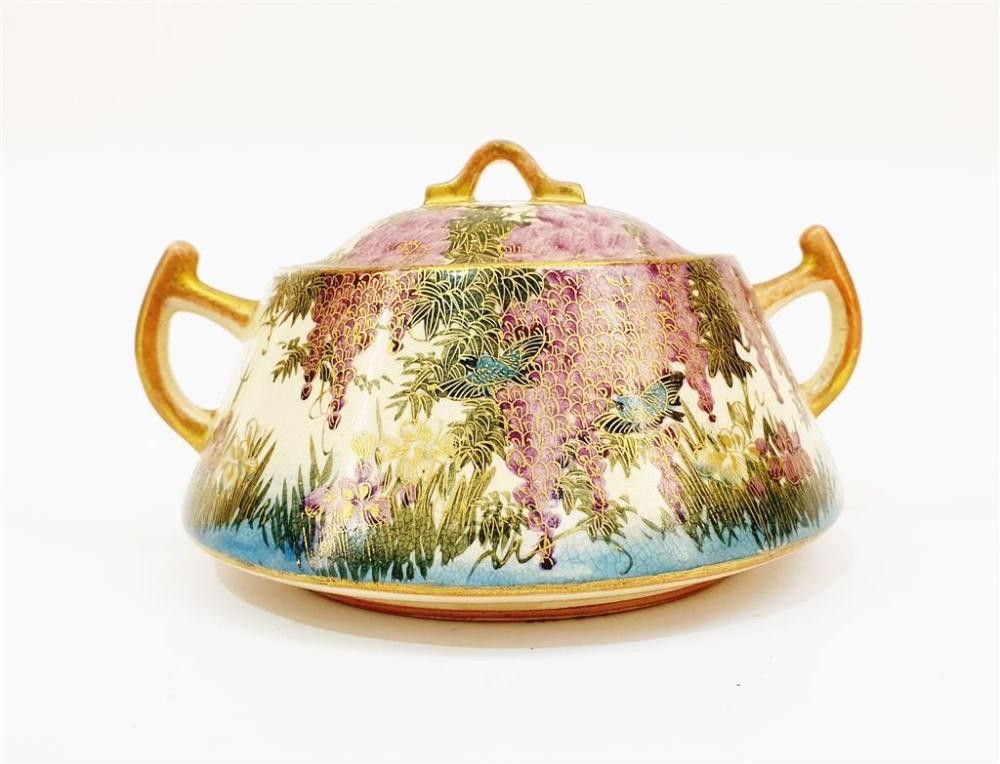 Japanese Satsuma Porcelain Sugar Basin with Wisteria and Bird Design ...