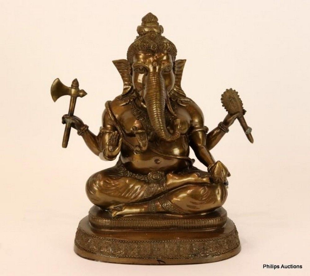 Bronze Ganesh Figure Seated on Base with Four Arms - Bronze - Oriental