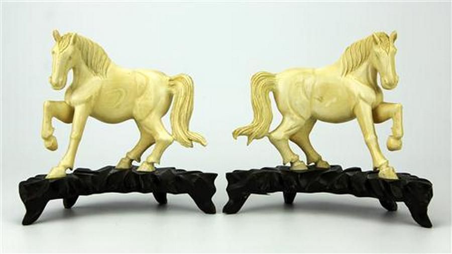 Carved Ivory Equestrian Statues on Timber Bases - Ivory - Oriental