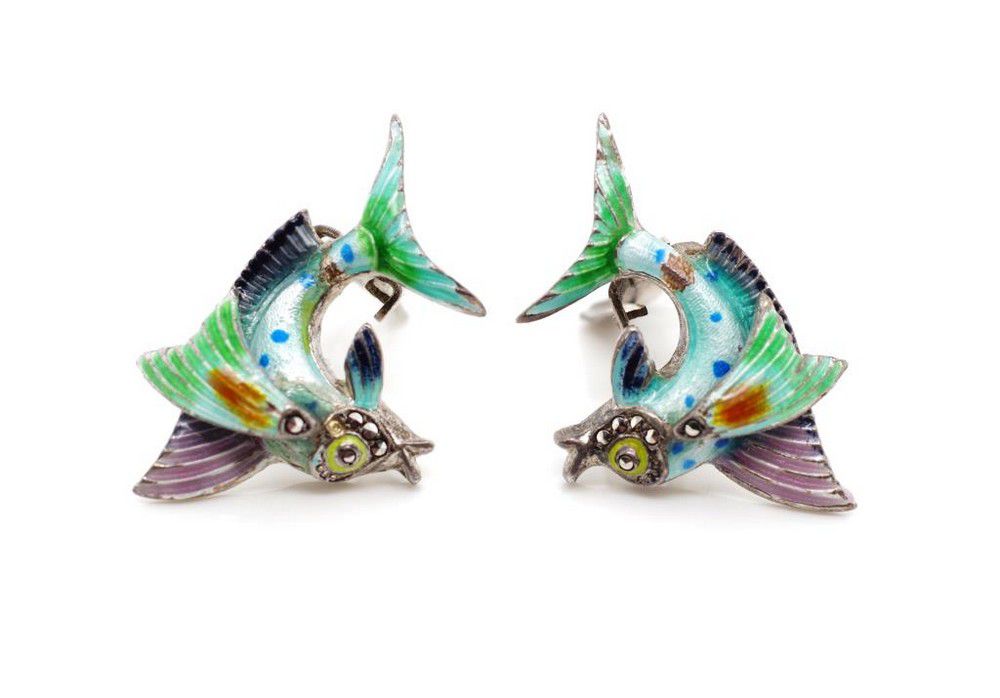 Enamel and Silver Fish Ear Clips - Sterling Marked - Earrings - Jewellery