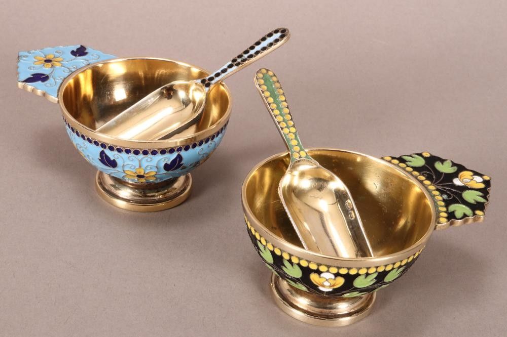Russian silver and enamel salts and spoons, floral design - Condiment ...