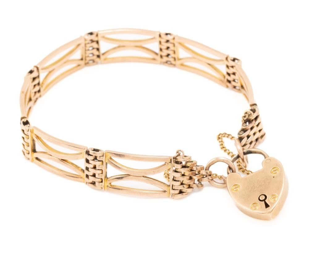Antique 15ct Rose Gold Gate Link Bracelet with Heart Padlock ...