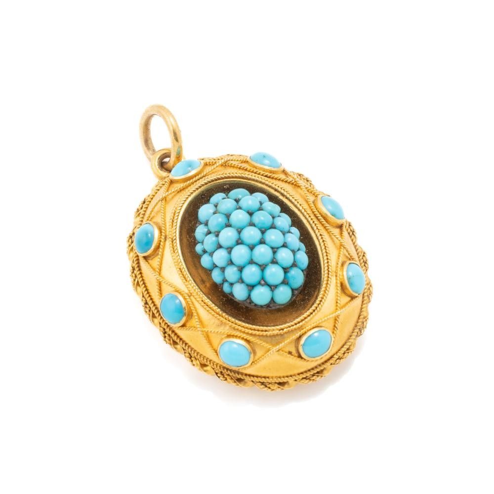 Antique 15ct Gold Turquoise Locket Pendant with Karen Deakin Receipt ...
