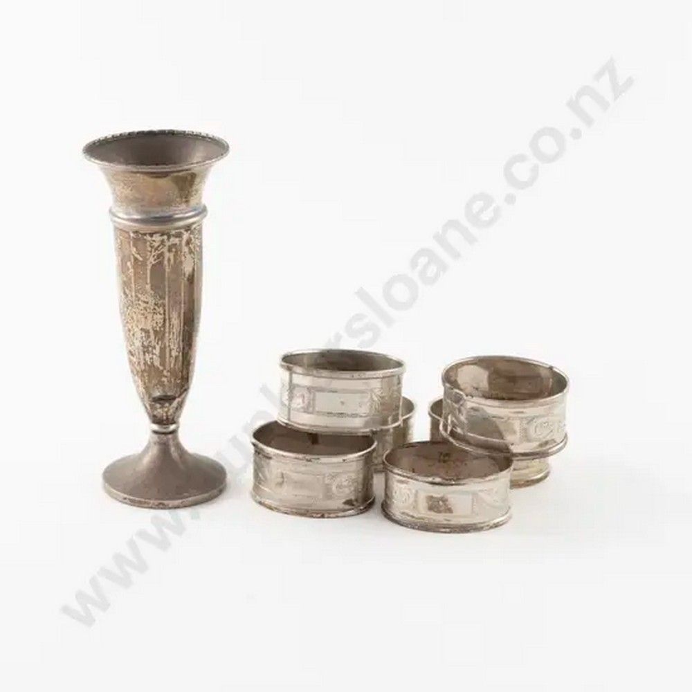 Sterling Silver Queen Elizabeth II Vase & Napkin Ring Set - Vases - Silver