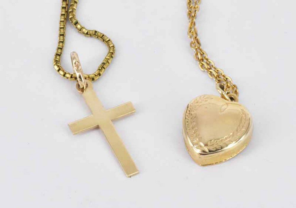 9ct Gold Cross and Heart Locket Pendant Set - Necklace/Chain - Jewellery