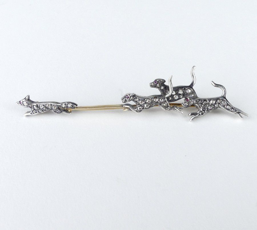 Gold, Silver & Diamond Fox Hunting Brooch with Ruby Eyes - Brooches ...