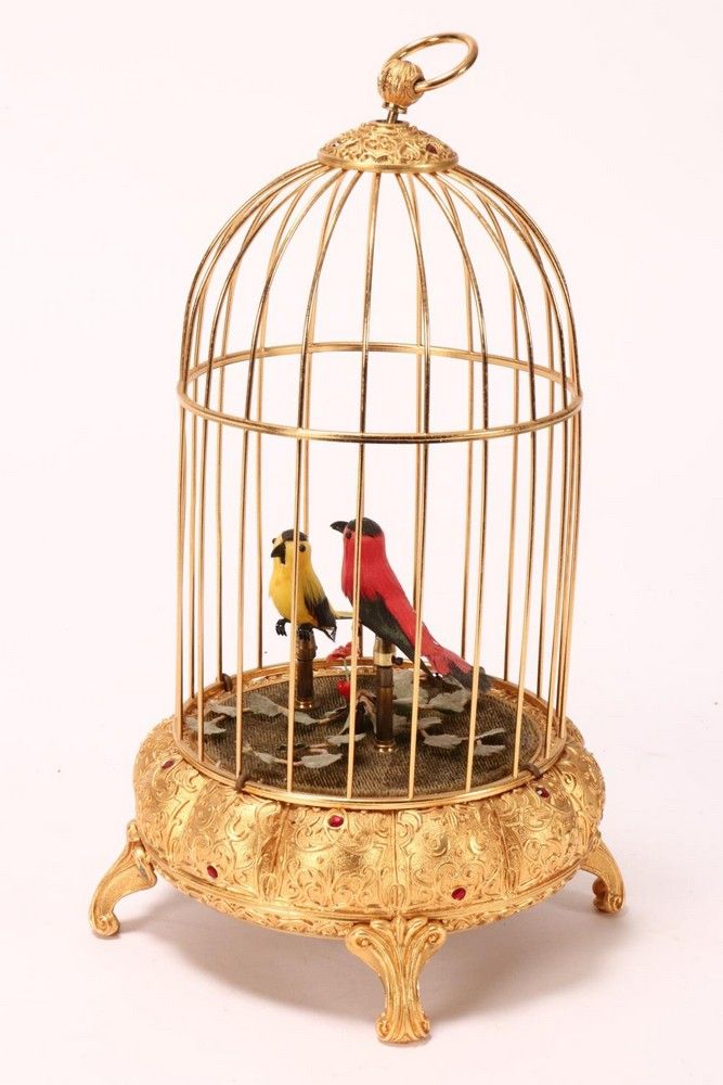 Swiss Singing Bird Automaton in Gilt Cage with Perched Birds - Musical ...
