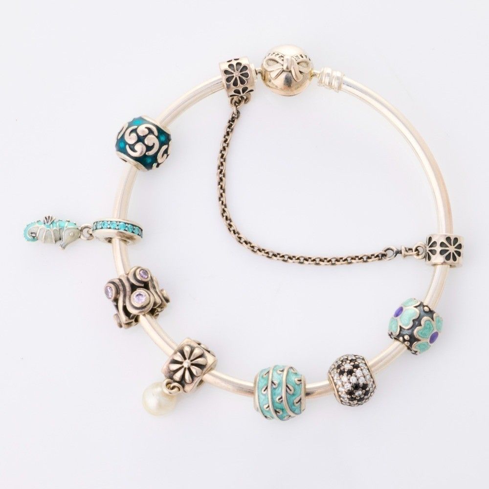 Pandora Sterling Silver Blue Charm Bangle with 9 Charms - Bracelets ...