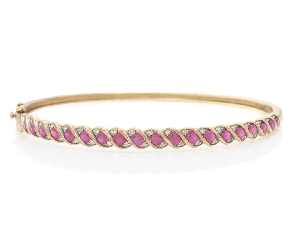 9ct Gold Ruby and Diamond Hinged Bangle with Clasp - Bracelets/Bangles ...