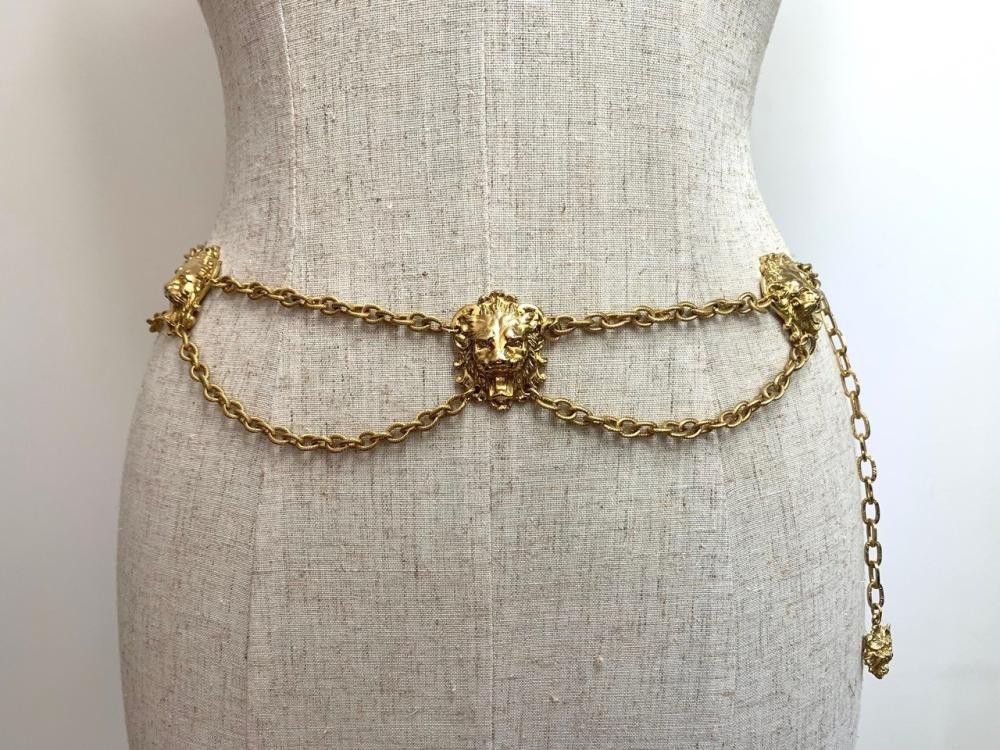 Vintage Lion Medallion Chain Belt with Dual Gold Hardware - Belts ...