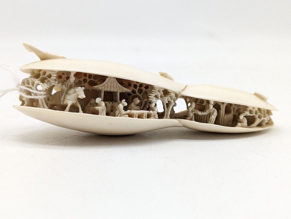 Carved Ivory Ornament: Cockle Shells with Fish and Figures - Ivory ...