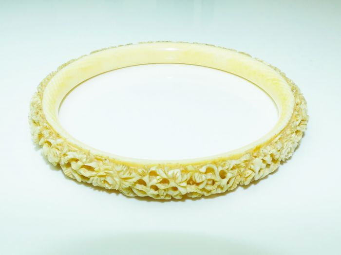 Intricately Carved Chinese Ivory Bangle with Floral Motif - Ivory ...