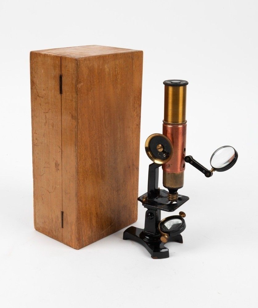19th Century Brass and Steel Microscope in Timber Box, 22cm - Optical ...