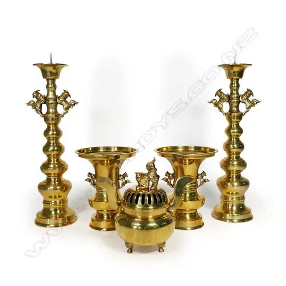 Vintage Oriental Bronze Temple Set with Candlesticks and Vases ...