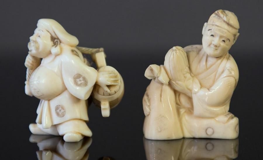 Japanese Ivory Netsukes: Man with Sake & Melon - Zother - Oriental