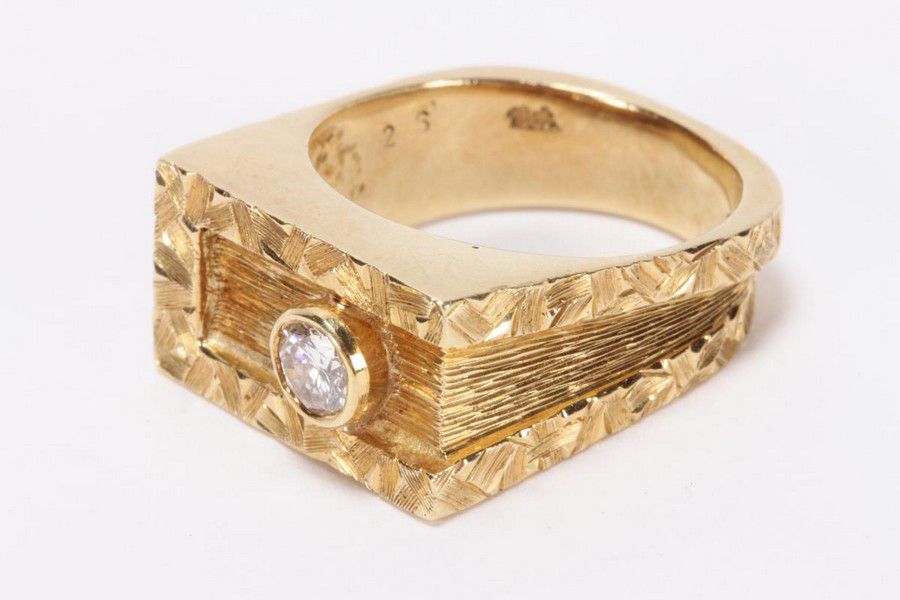 Gold and Diamond Ring with Textured Top and Offset Diamond - Rings ...