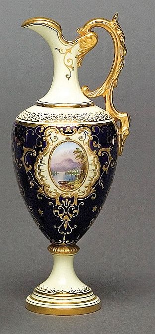 Coalport Cobalt Blue Ewer with Mountain Landscape and Gilt Highlights ...