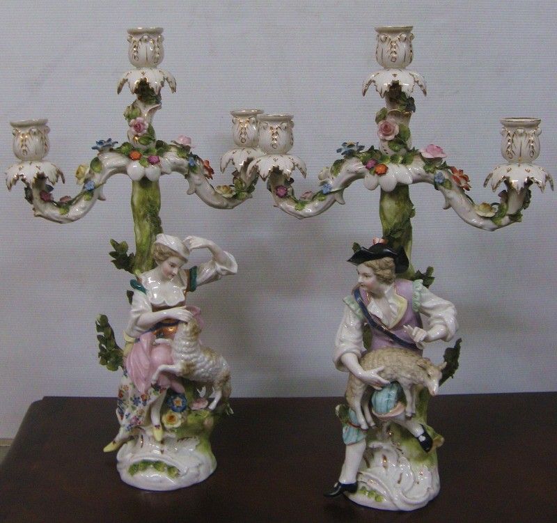 Sitzendorf Shepherd and Shepherdess Figural Candelabra with Lambs ...