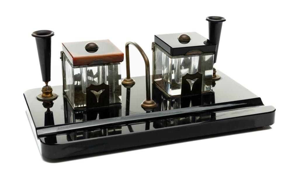 Jet Glass Art Deco Desk Tidy - Width 24cm - Writing - Desk Accessories ...