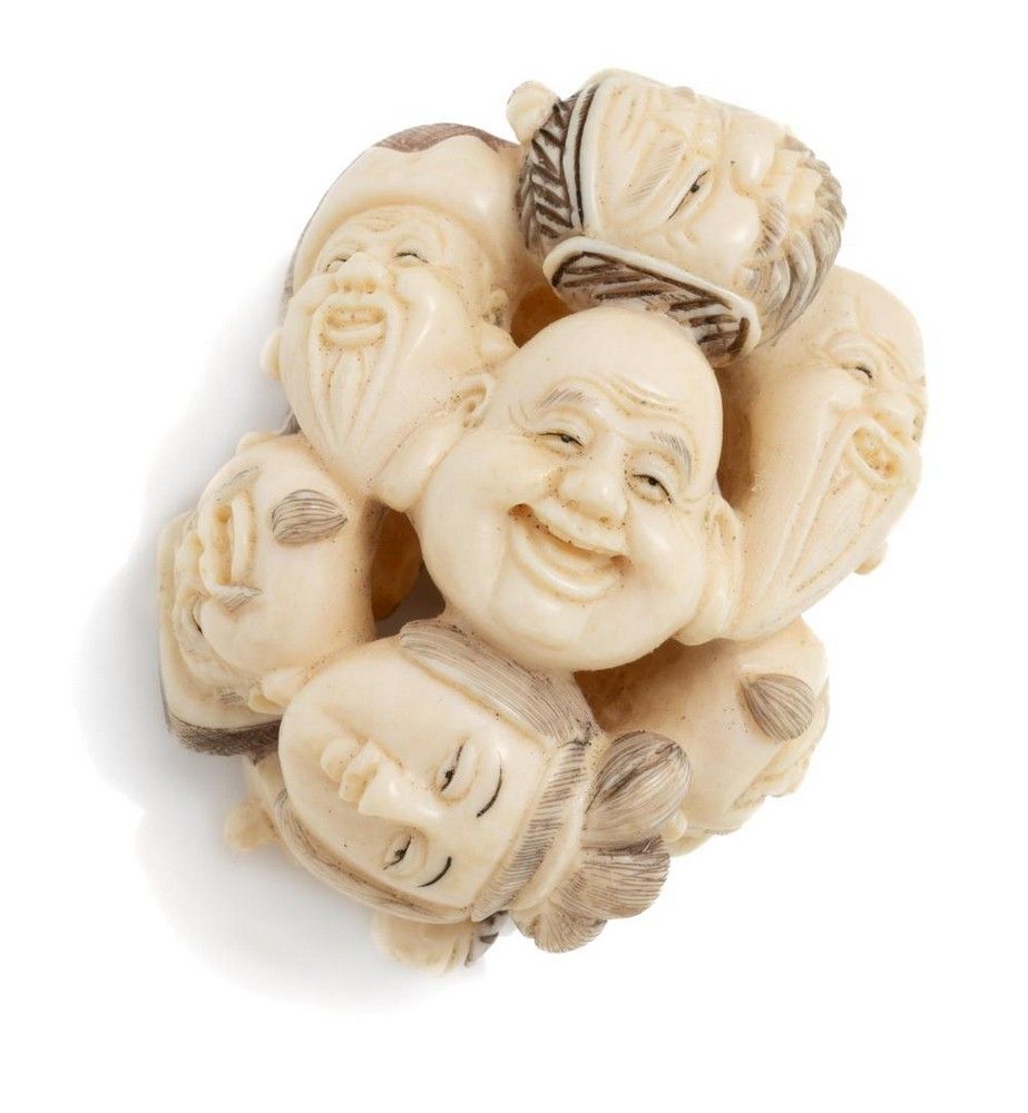 Japanese Carved Ivory Netsuke: Faces of 7 Lucky Gods, Signed - Ivory ...