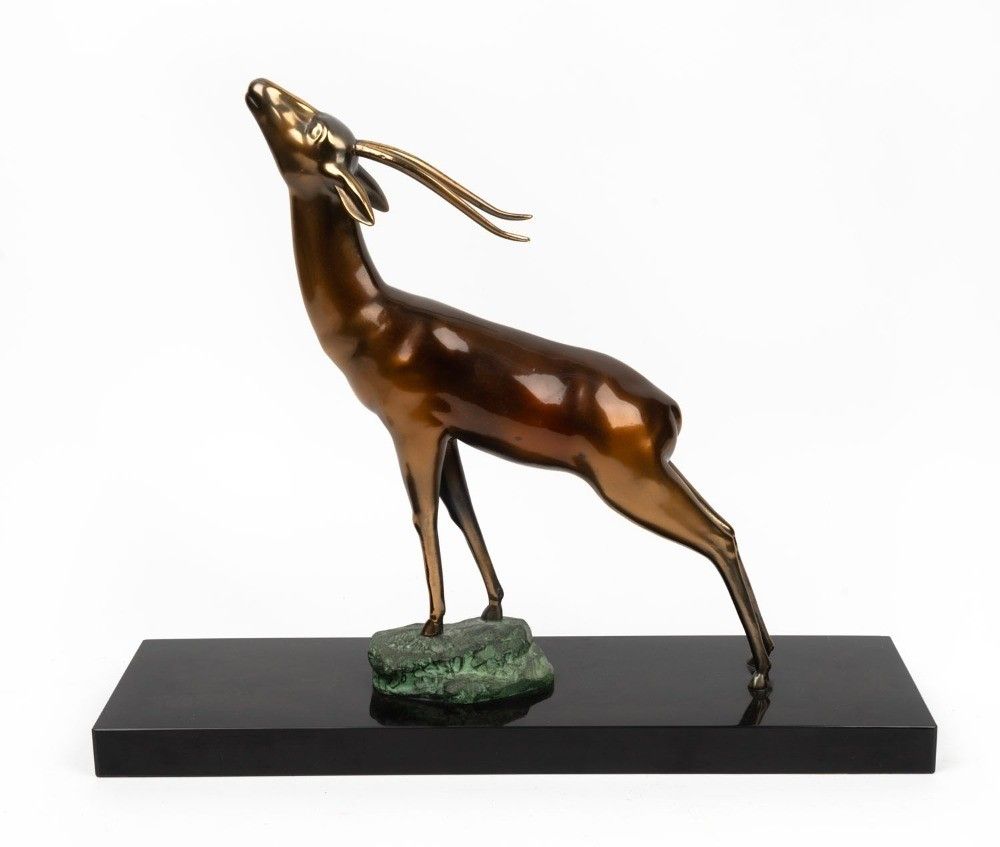 Art Deco Bronze Antelope Statue on Slate Base, Signed - Animals & Birds ...