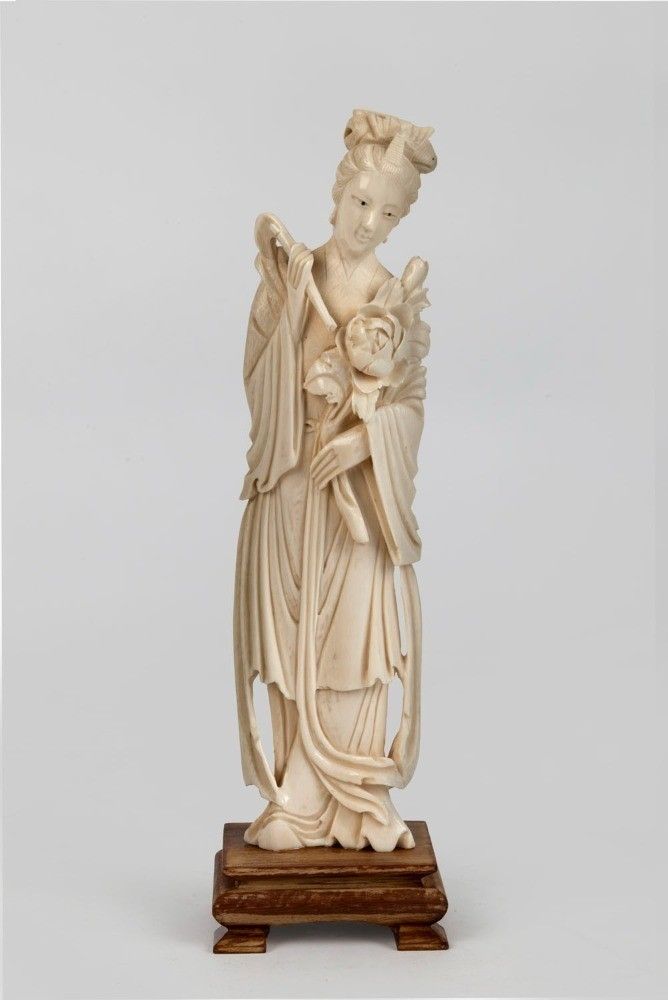 Chinese Ivory Lady Statue Holding Peony on Timber Stand - Ivory - Oriental