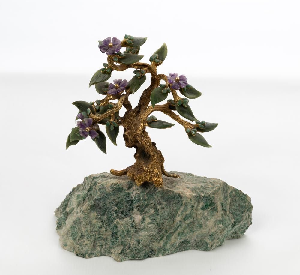 Gilded Chinese Jade Tree Ornament on Green Stone Base - Zother - Oriental