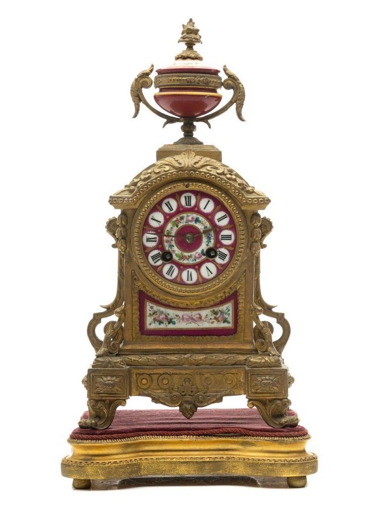 Gilt metal mantle clock with porcelain face on stand - Clocks - Mantle ...