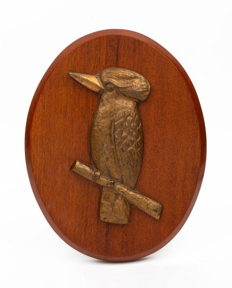 Vintage Australian Bronze Kookaburra Plaque on Oval Timber Panel ...