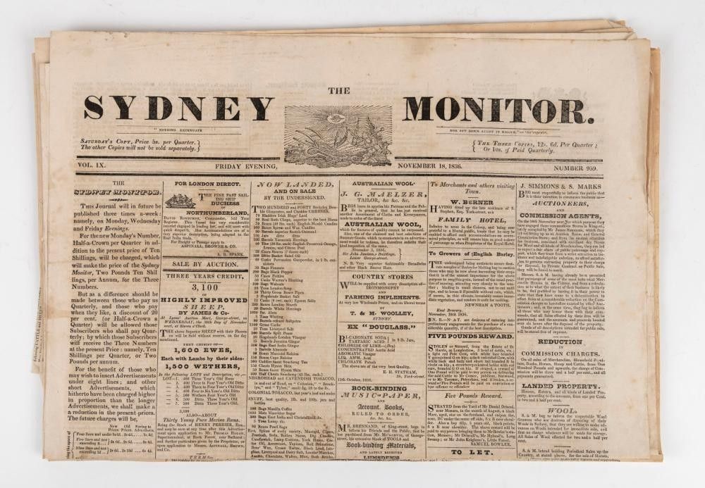 Rare Early Sydney Monitor Newspapers: 1836 and 1839 Editions ...