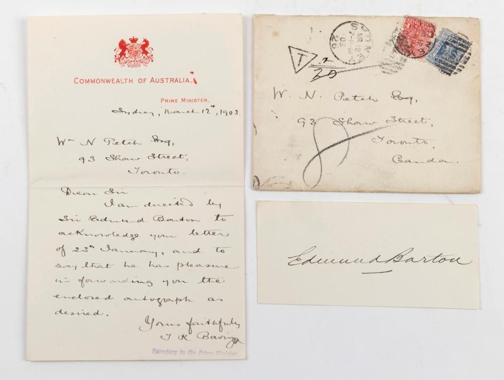 Sir Edmund Barton signed letter and pen signature on piece - Historical ...