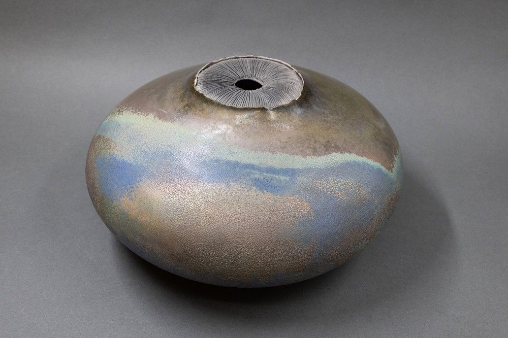 Ray Rogers Metallic Blue and Taupe Glazed Discoidal Vase - New Zealand ...