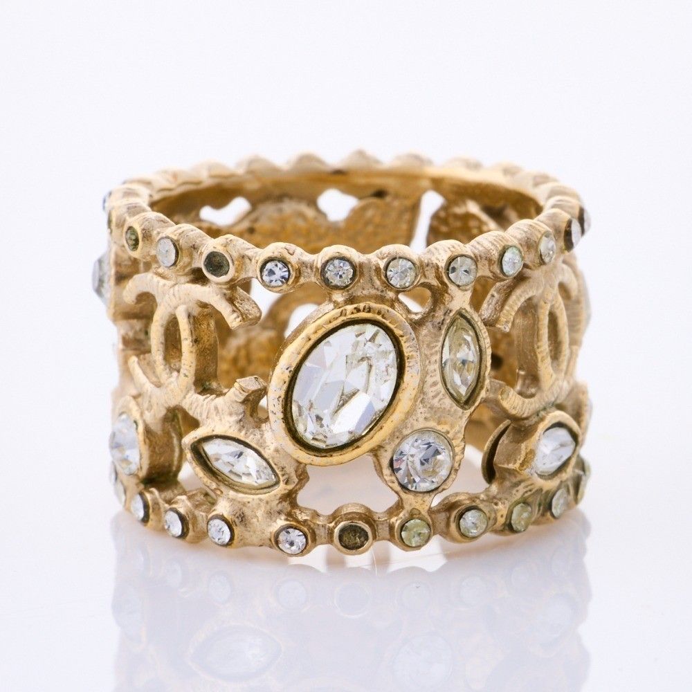Chanel Crystal CC Logo Gold-Tone Cocktail Ring, Size L - Rings - Jewellery