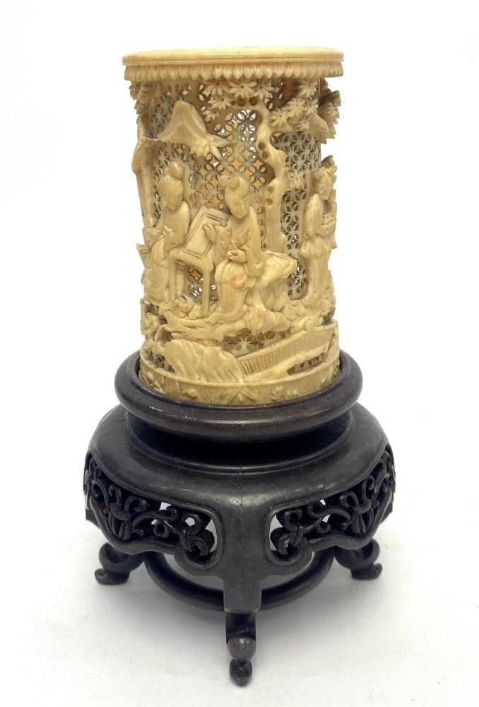 Chinese carved ivory cylinder with village scene on timber stand ...