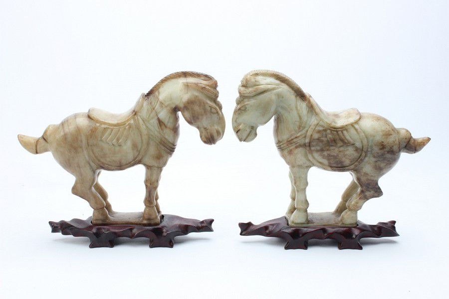 Carved Jade Horse Pair on Stands - Jade - Oriental