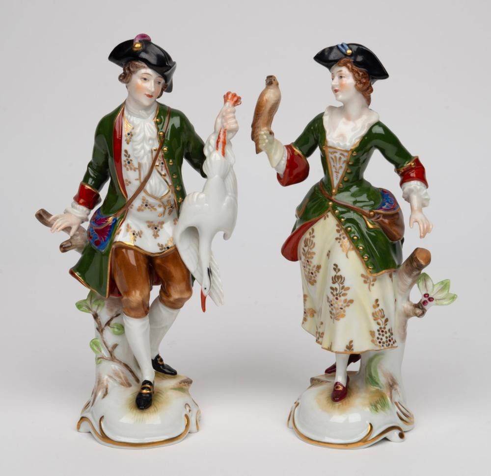 German porcelain statues of lady and gentleman with fowl, 20th century ...