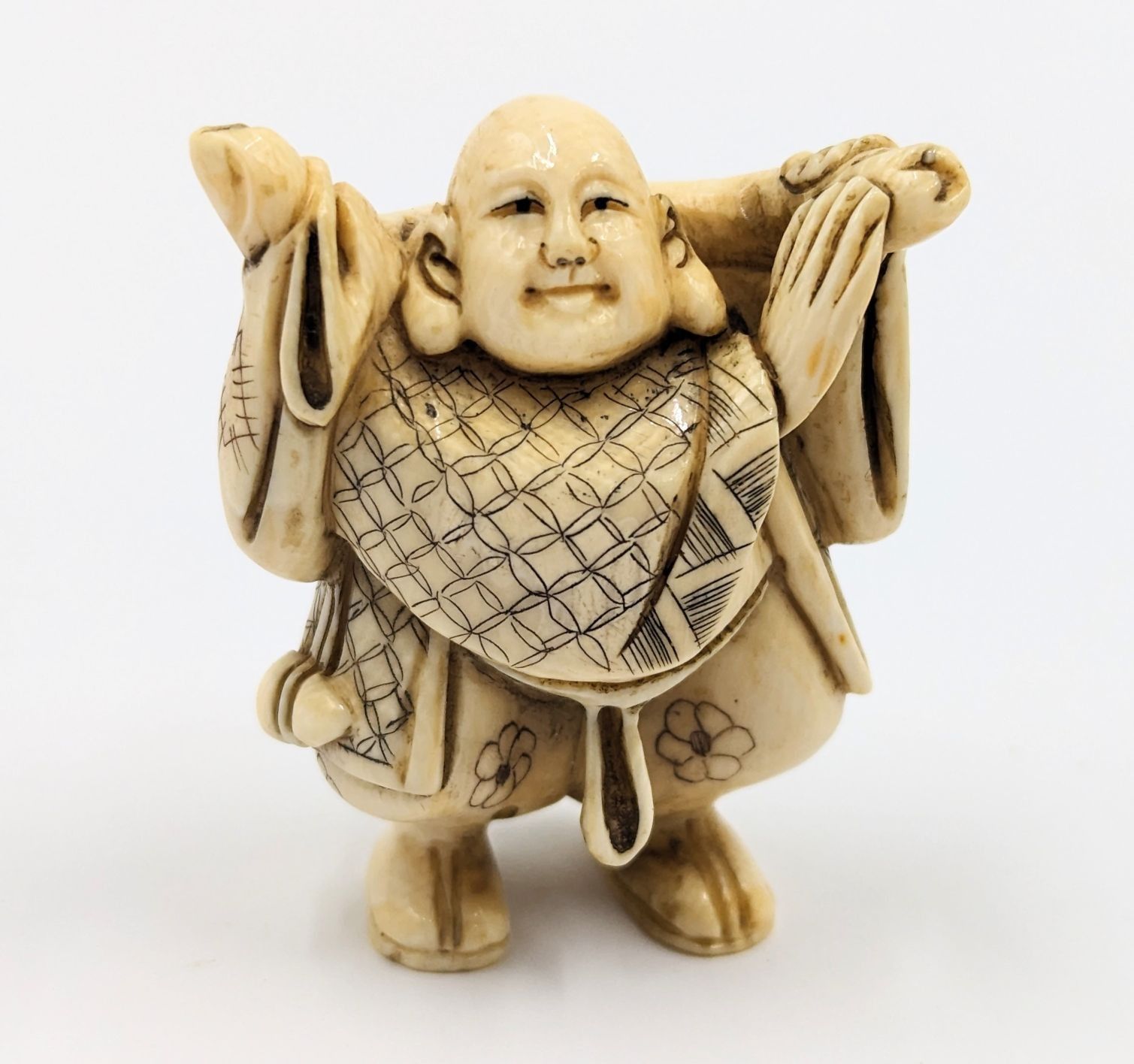 Antique Japanese Ivory Netsuke: Buddha Holding Snake, Engraved ...