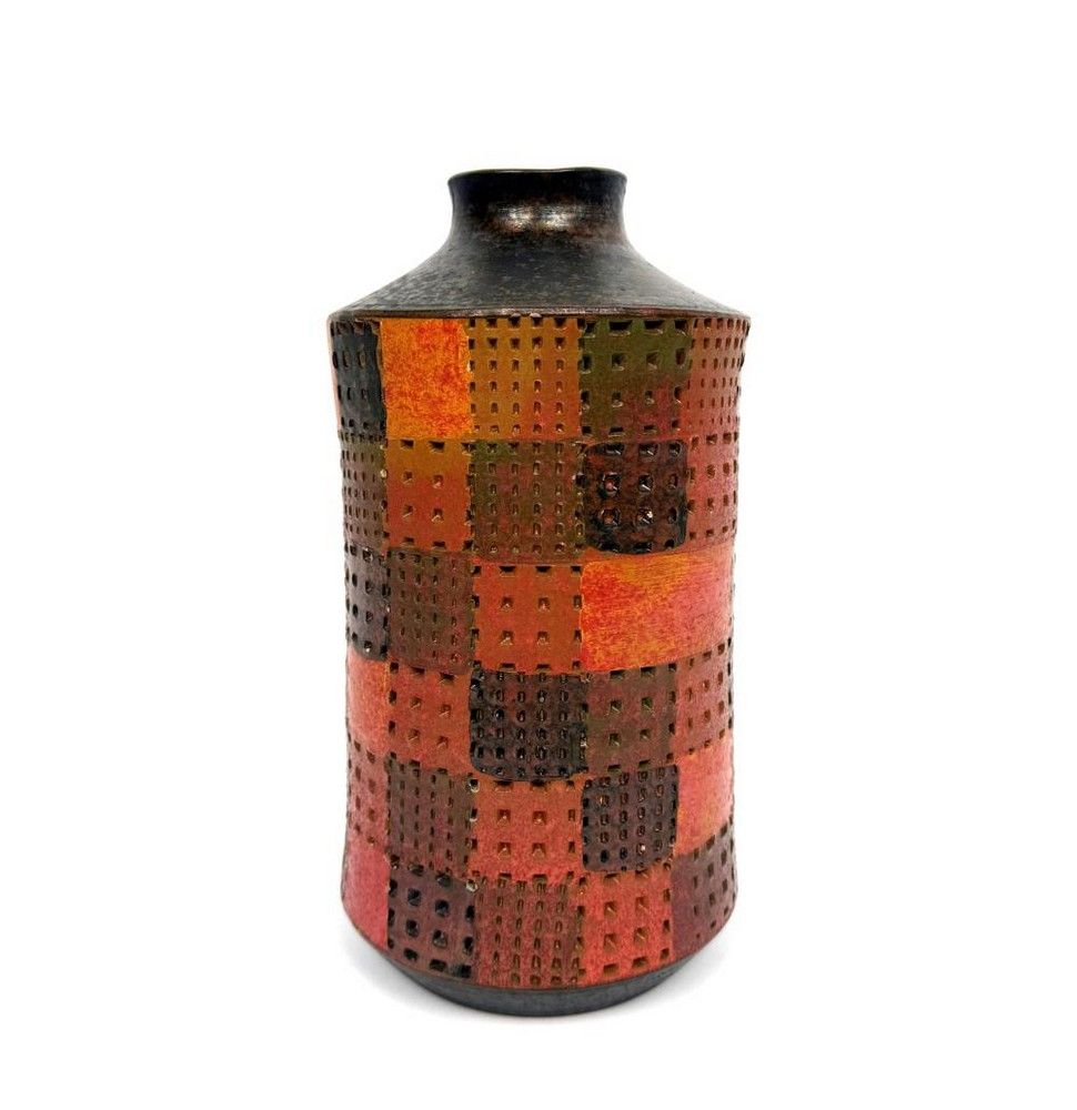 Italian Studio Pottery Vase with Checkerboard Glaze and Incised Detail ...