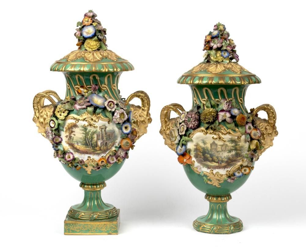 Rococo style flower encrusted urn vases, 1830s, gilded accents - Urns ...