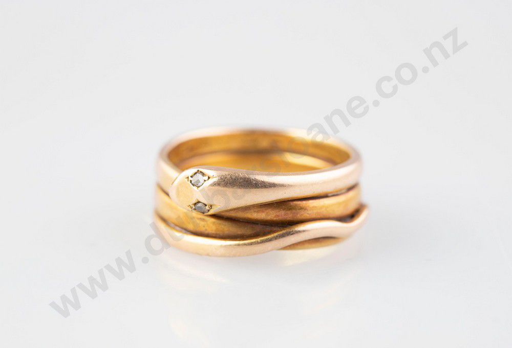 15ct Victorian Triple Coil Snake Ring with Diamond Eyes - Rings - Jewellery