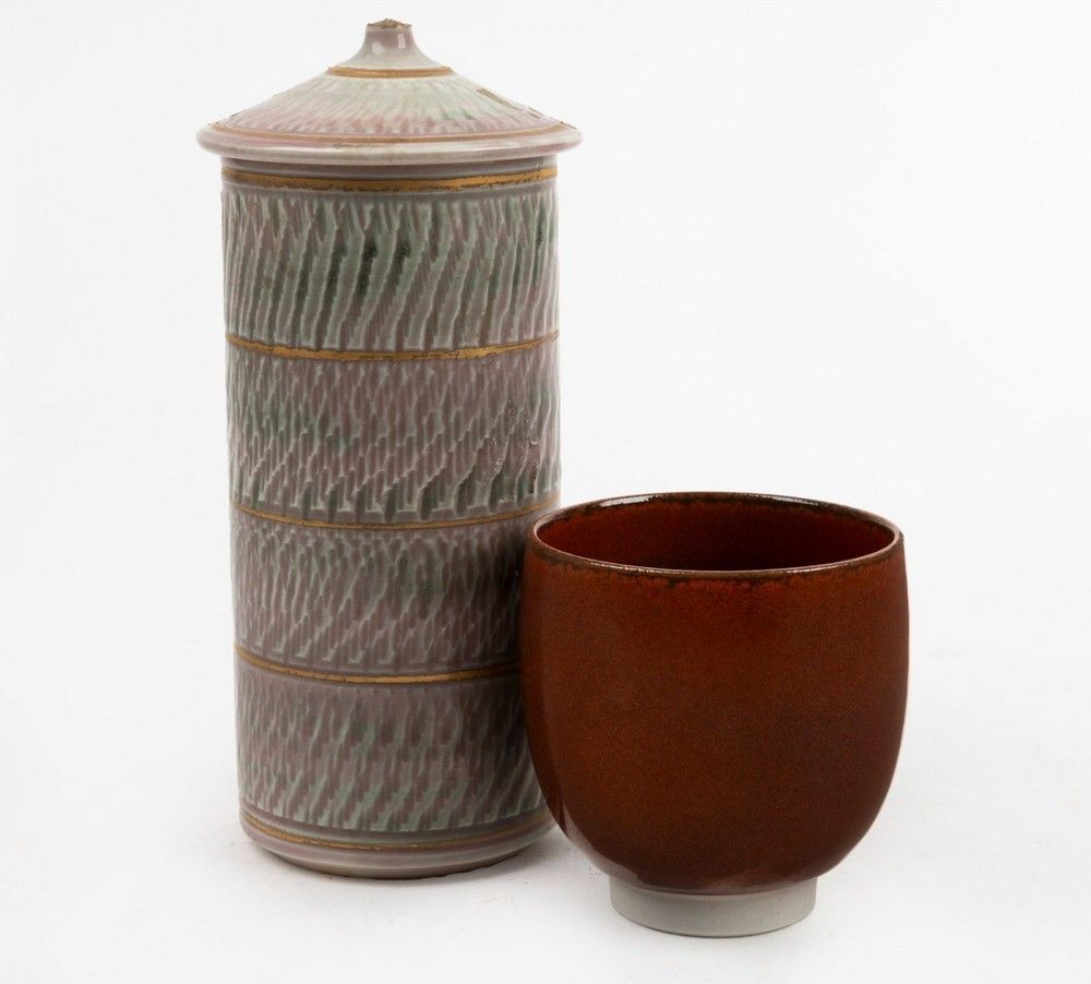 Shigeo Shiga Brown Glazed Pottery Tea Bowl and Lidded Jar - Australian ...