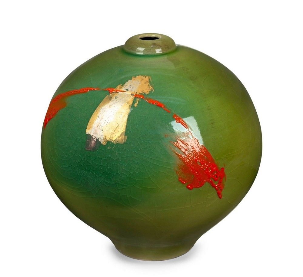 Greg Daly Green Glazed Studio Pottery Vase with Orange Highlights ...
