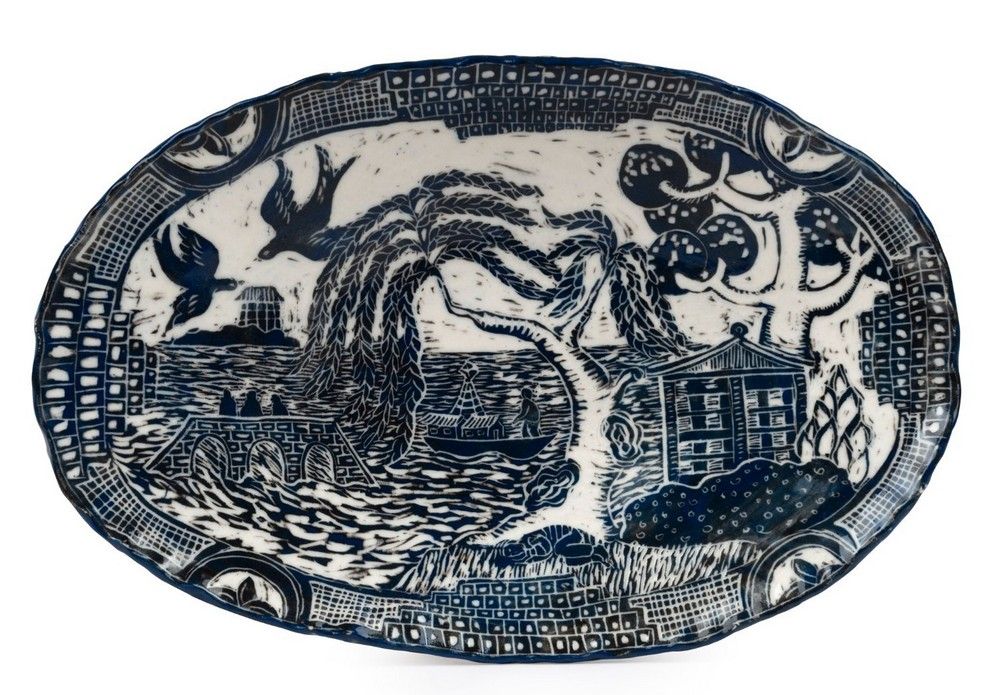 Blue and White Willow Oval Platter by Gerry Wedd - Blue & White - Ceramics