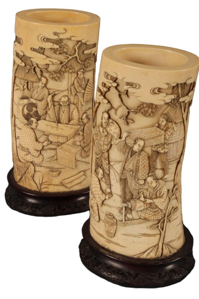 Japanese ivory brush pots with continuous scenes of artisan painting ...